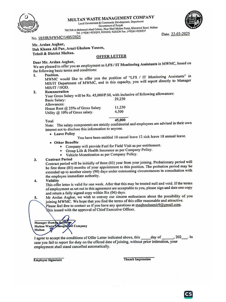 MR Arslan Asghar LFS IT MA Order | PDF