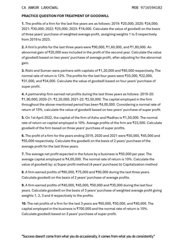 Practice Question for Treatment of Goodwill | PDF | Goodwill ...