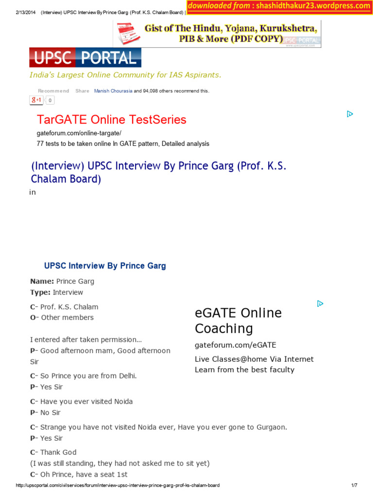 (Interview) UPSC Interview by Prince Garg (Prof. K.S. Chalam Board) | PDF