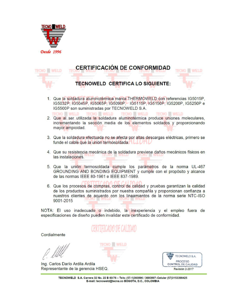 Elec 004 Certificado Soldadura Cadweld | PDF