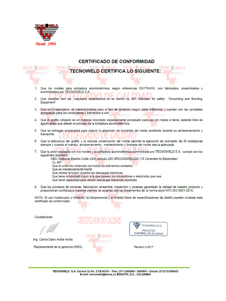 Elec 003 Certificado Molde Soldadutra Exotermica | PDF