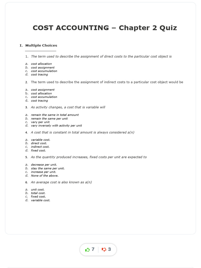 Cost Accounting Chapter 2 Quiz - Compress | PDF