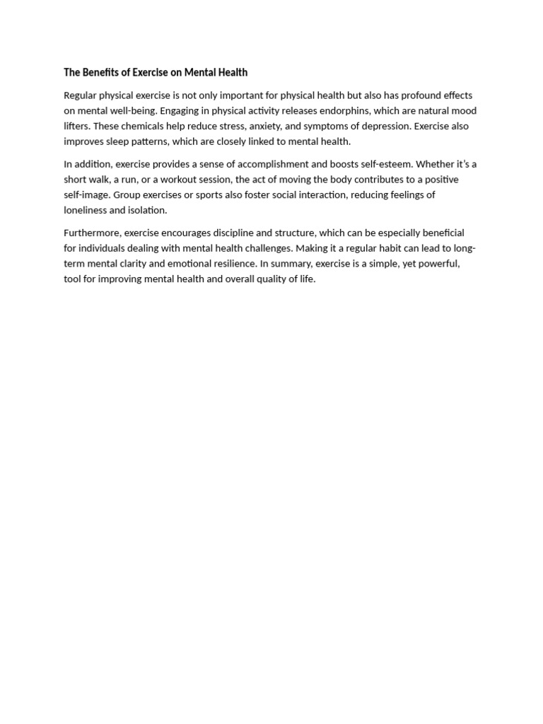 The Benefits of Exercise On Mental Health | PDF