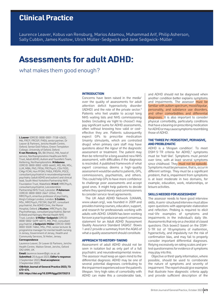Assessment for Adult ADHD What Makes Them Good Enough BJGP 2023 | PDF | Attention Deficit ...