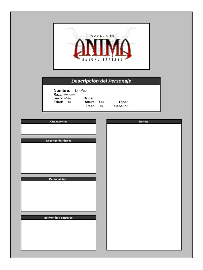 Anima - Ficha de Lin Pao | PDF