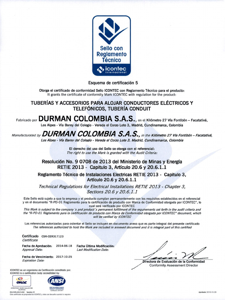 Elec 020 Certificado Durman Retie Conduit, Soldadura | PDF