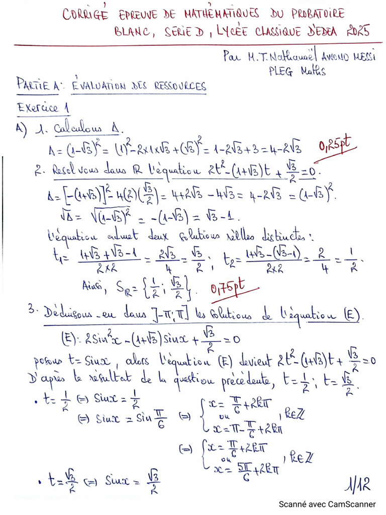 Corrigé Maths, Probatoire Blanc, Série d, Lce 2025 | PDF