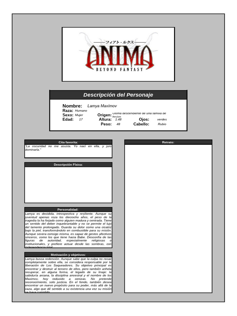 Anima - Ficha Lamya Maximov | PDF