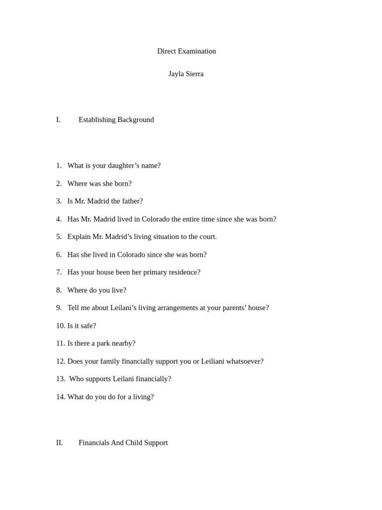 Direct Examination Questions For Court | PDF | Child Support | Child Care