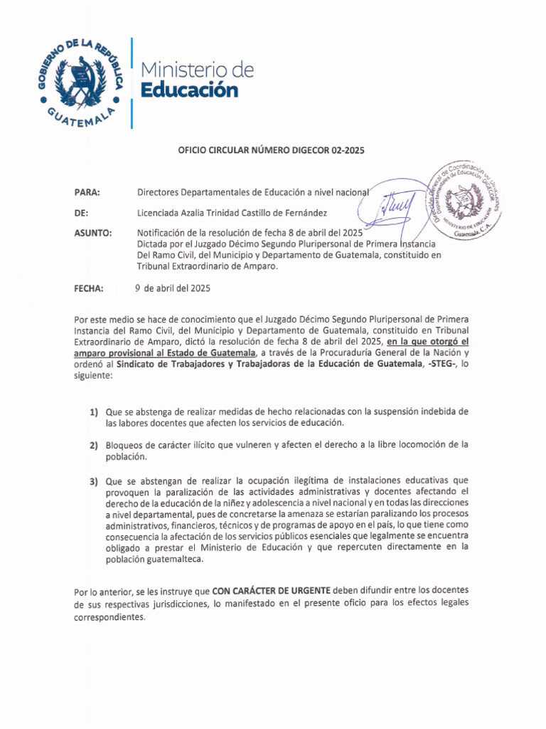 Oficio Circular No. DIGECOR 02-2025 | PDF