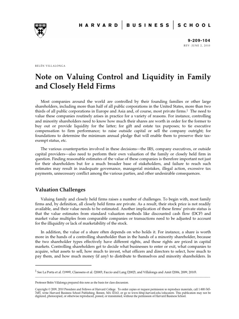 Case 1 - Note On Valuing Control and Liquidity in Family and Closely ...