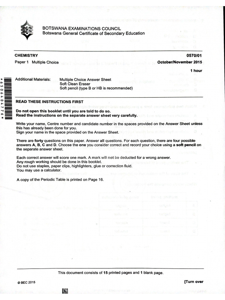 Bgcse Chem Paper 1 2015 | PDF
