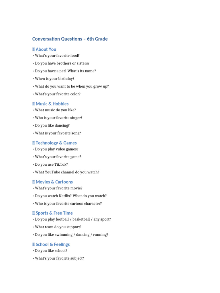 Conversation Questions 6th Grade | PDF