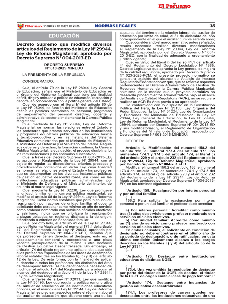 Modificaciones al D.S. 010-2025-MINEDU | PDF | Regulación | Perú