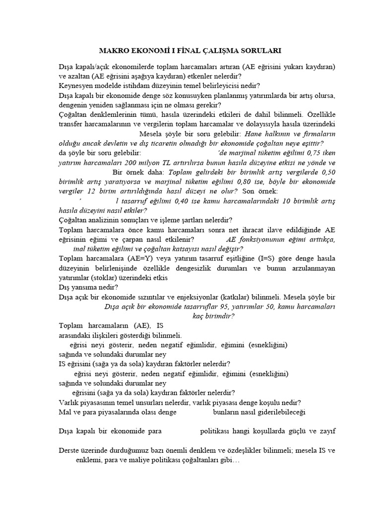 Makro Ekonomi I Final Calisma Sorulari | PDF