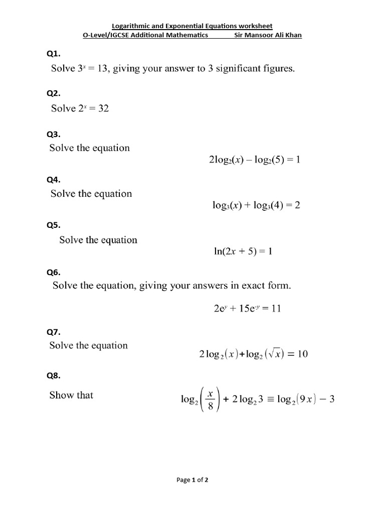 Logs and exponential worksheet | PDF