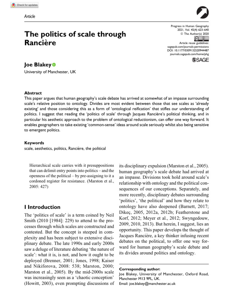 Blakey 2020 The Politics of Scale Through Ranciere | PDF | Ontology ...