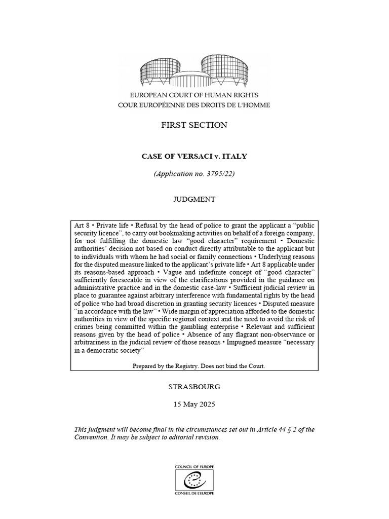 CASE OF VERSACI v. ITALY | PDF | Criminal Record | Judgment (Law)
