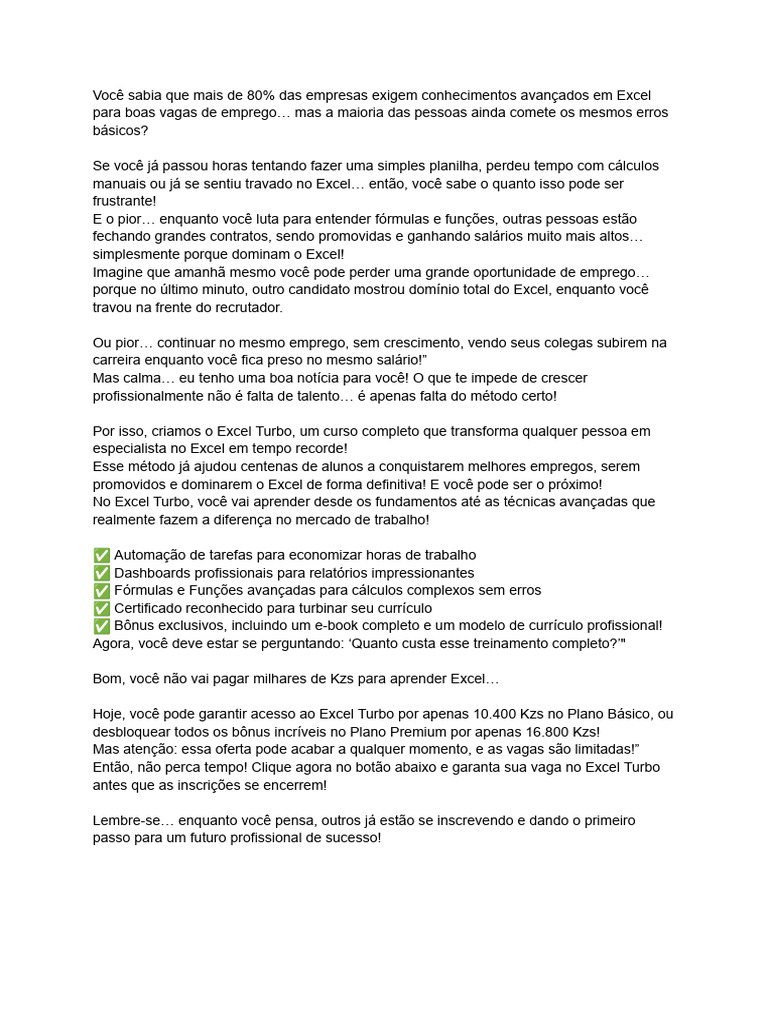 Roteiro para VSL Excel Turbo | PDF