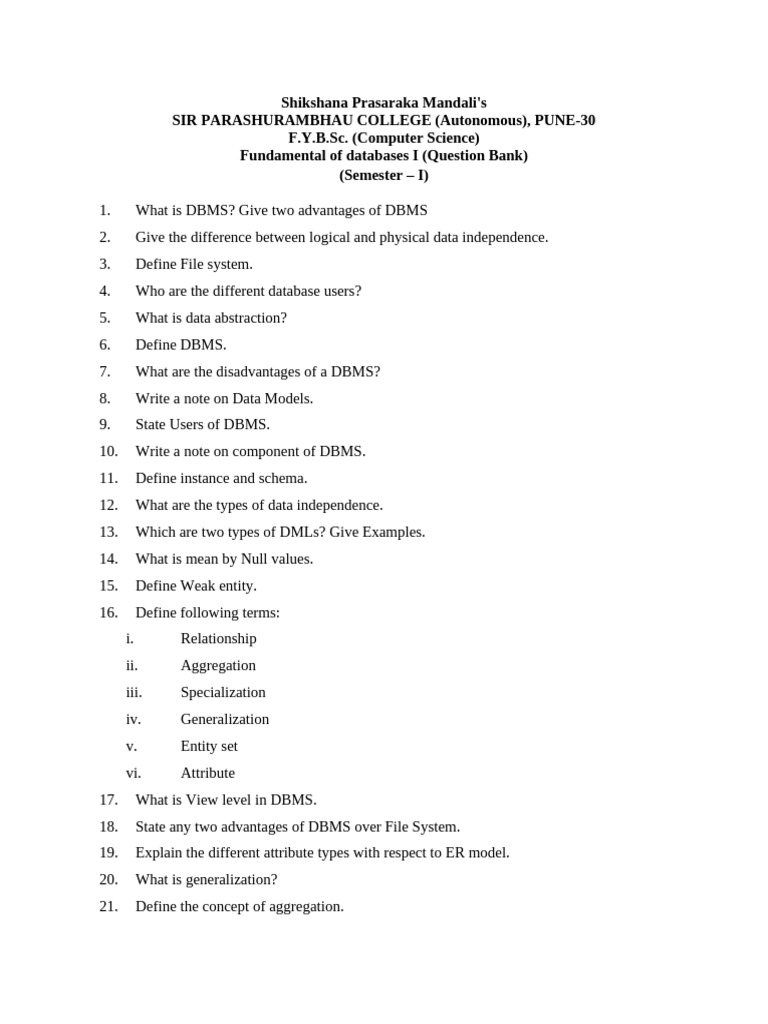 Question Bank Sem - 1 Regular | PDF | Databases | Data