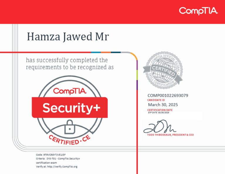 CompTIA Security+ Ce Certificate | PDF
