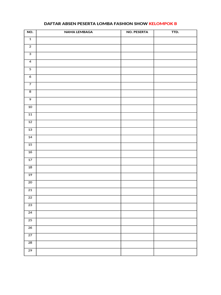Daftar Absen Peserta Lomba Han 2024 | PDF