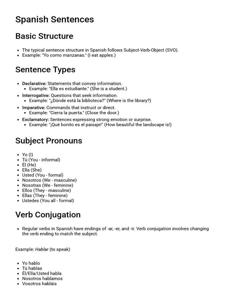 Spanish Sentence Structure Study Gu | PDF