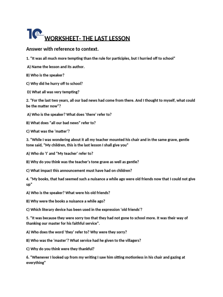 Worksheet - The Last Lesson | PDF