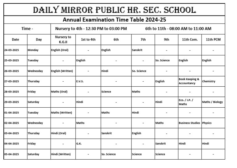 Annual Exam Time Table 24 | PDF