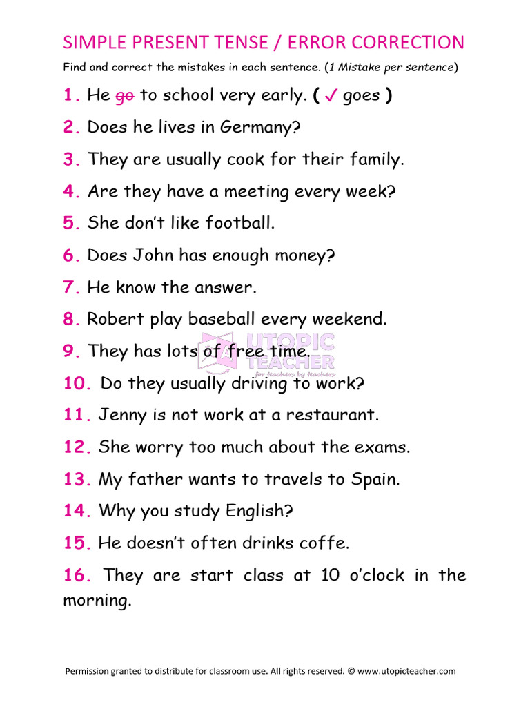 Simple Present Tense Error Correction 4 | PDF