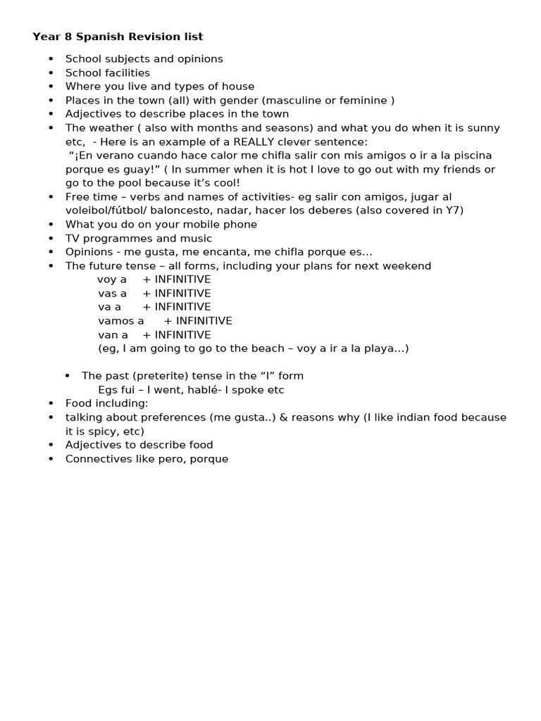 Year 8 Spanish Revision Guide | PDF