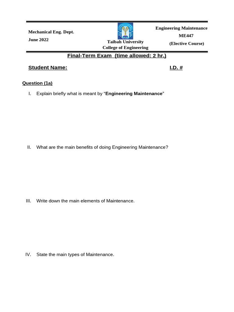 The Final Exam For Maintenance Engineer | PDF | Bearing (Mechanical ...
