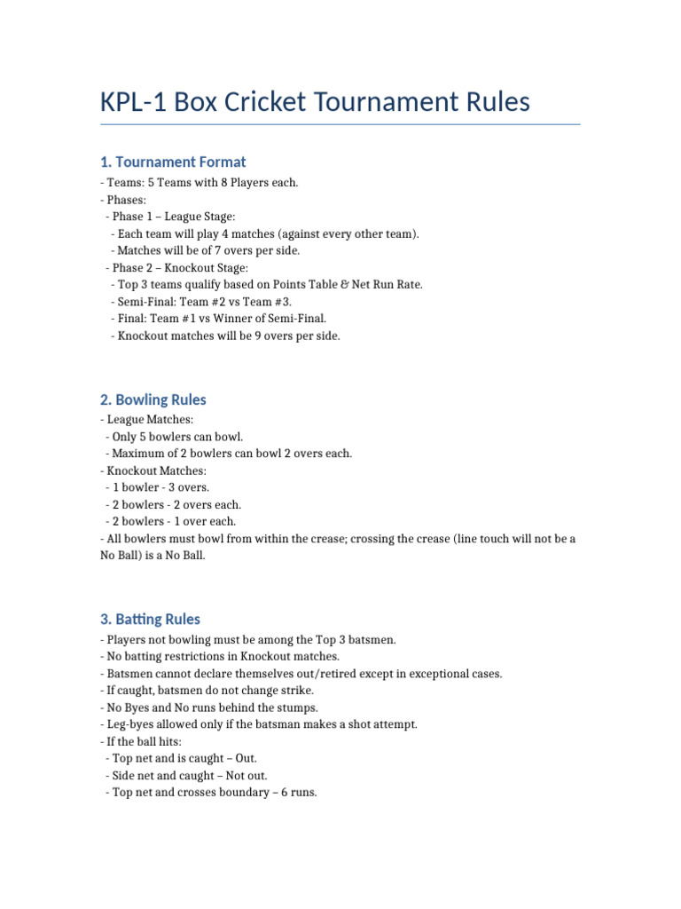 KPL-1 Tournament Rules Final | PDF