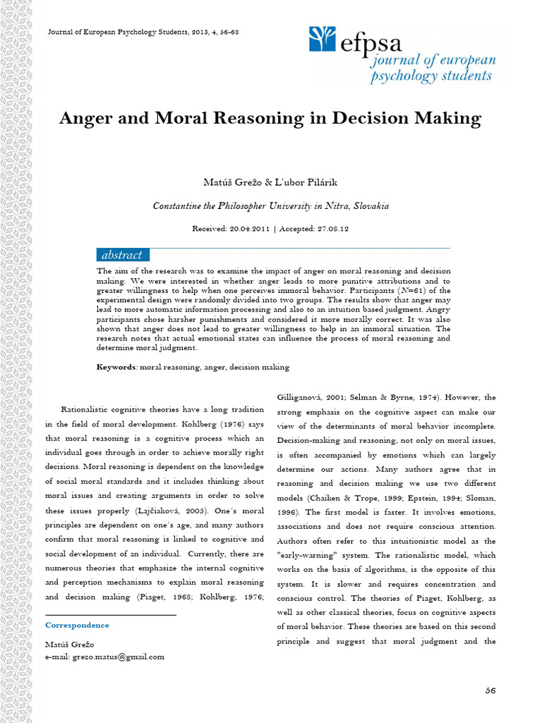 Anger on Decision Making and Moral Judgment | PDF | Anger | Emotions