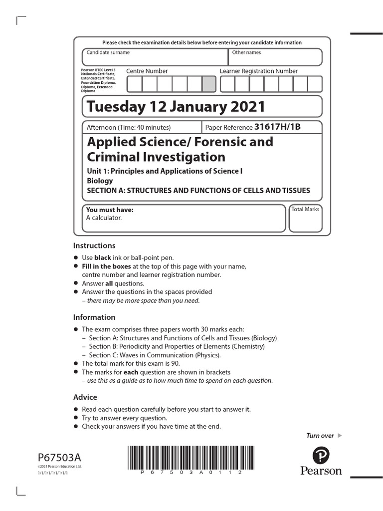 Question Paper Btec Applied Science 31617h 1b Unit 1 Jan 2021 | PDF ...