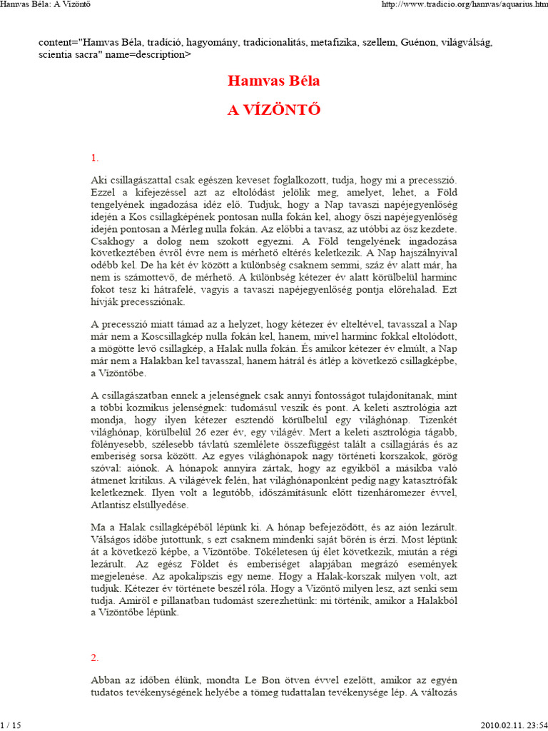 Hamvas Béla - A Vízöntő | PDF