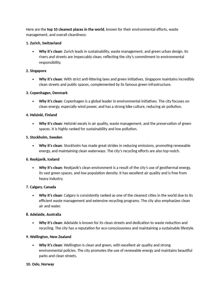 Top 10 Cleanest Places in The World | PDF | Waste Management ...