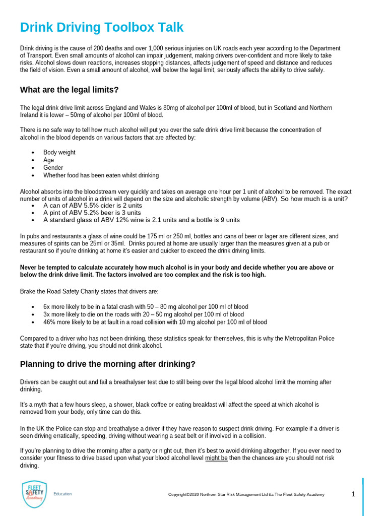 FSA-Drink-Driving-Toolbox-Talk | PDF | Alcoholic Beverages | Alcohol