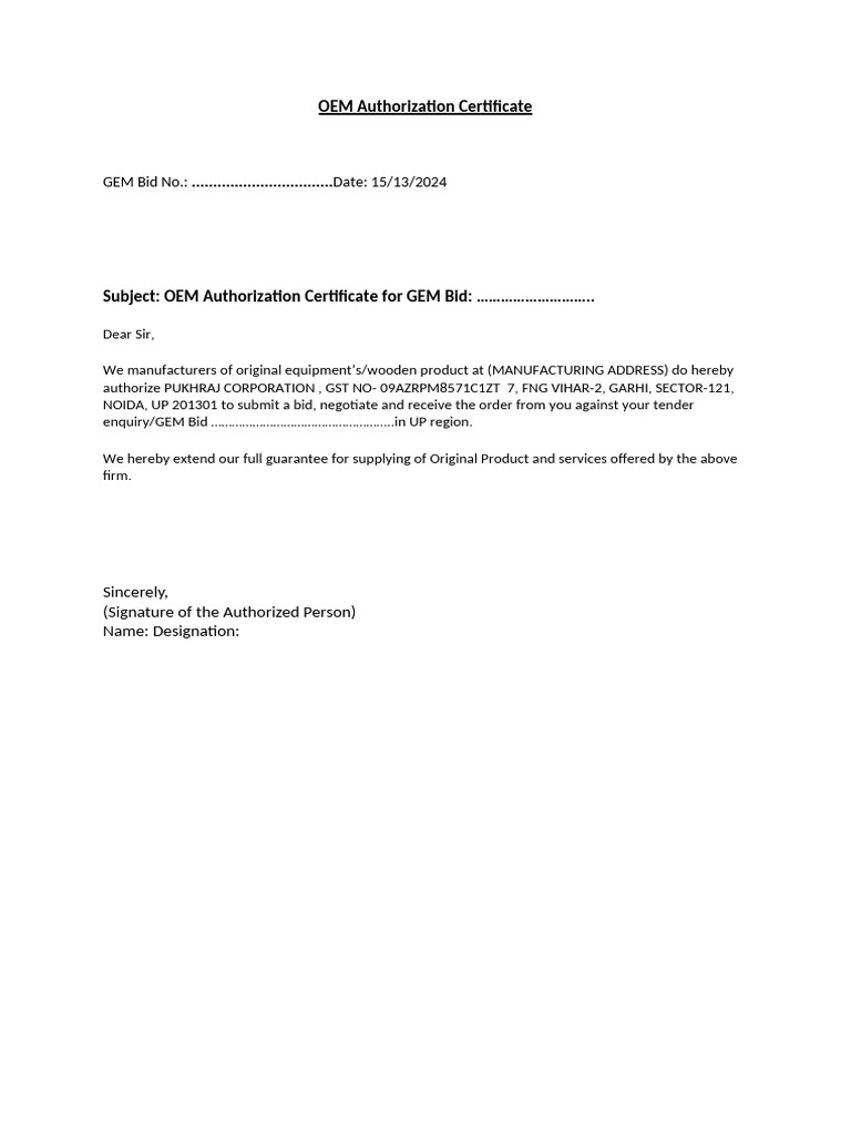 OEM Authorization Certificate FORMATE | PDF