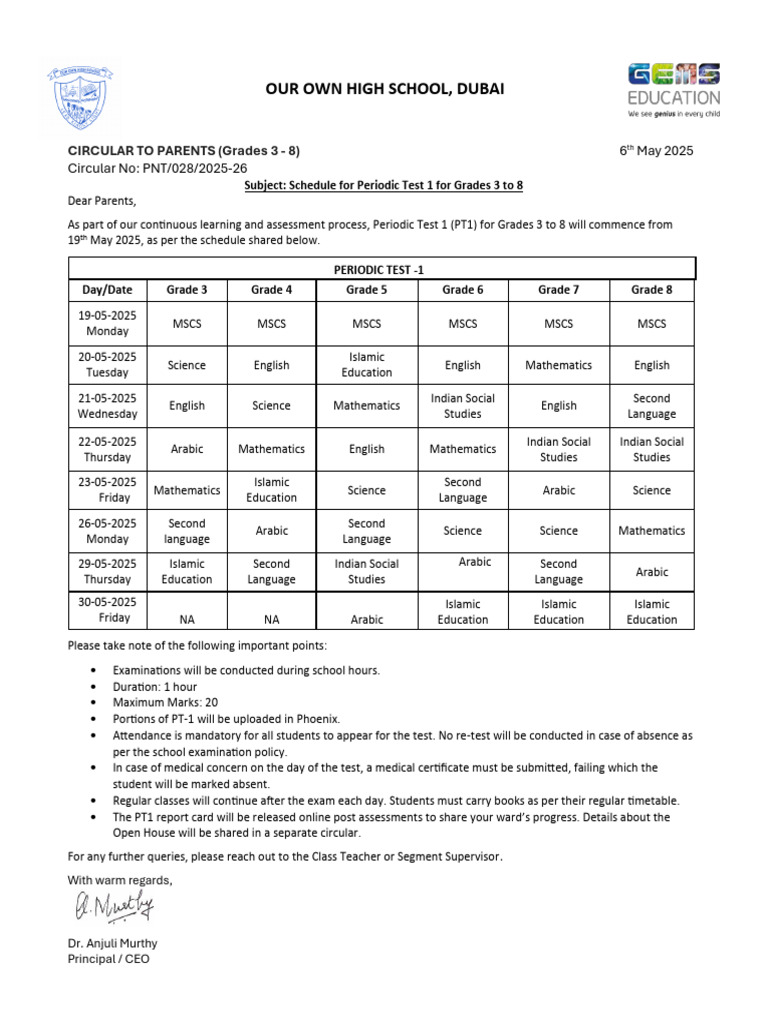 Our Own High School, Dubai: Circular To Parents (Grades 3 - 8) | PDF ...