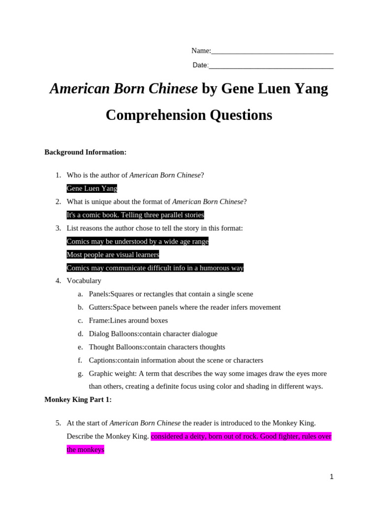 American Born Chinese Comprehension Questions Student Edition | PDF