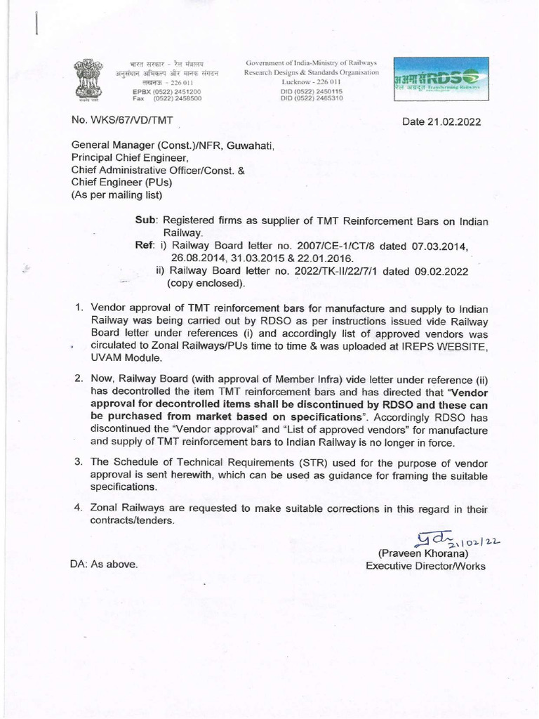 Zonal Railway Letter Regarding TMT - Compressed | PDF