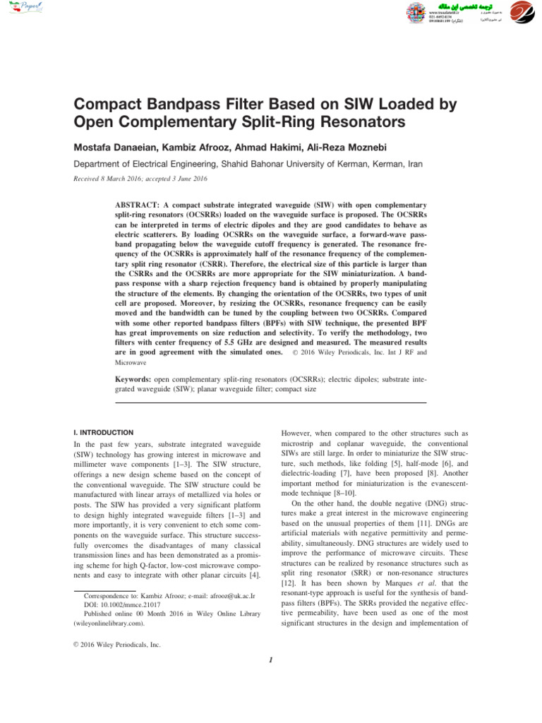 Compact Bandpass Filter Based On SIW Loaded by OCSRR | PDF | Microwave | Waveguide