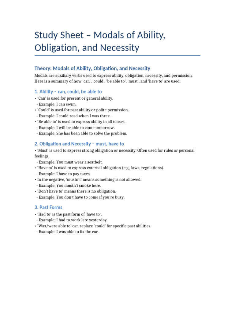 Modals Study Sheet Theory | PDF