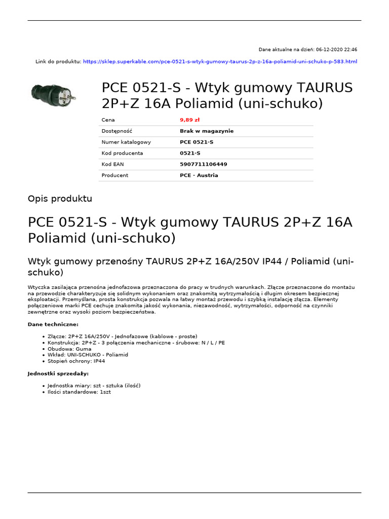Pce 0521 S Wtyk Gumowy Taurus 2p Z 16a Poliamid Uni Schuko | PDF