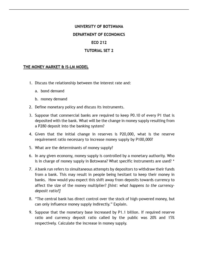 ECO_212_Tutorial_Set_2_2024_2025.pdf | PDF | Money Supply | Demand For Money