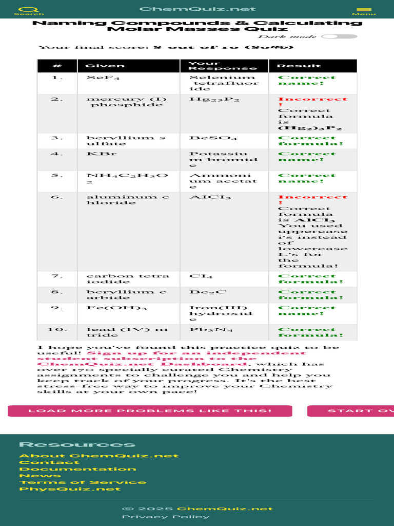 Naming Compounds & Calculating Molar Masses Quiz | PDF | Materials ...