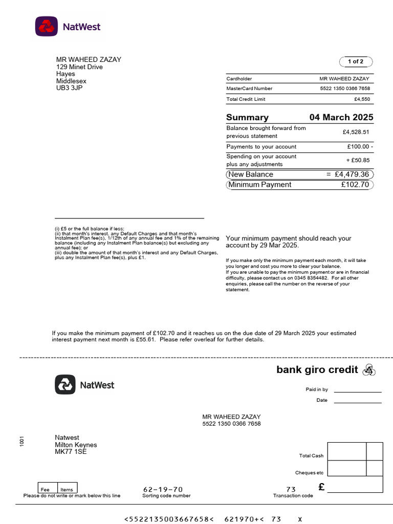 NatWest Statement 04 Mar 2025 | PDF | Payments | Credit Card