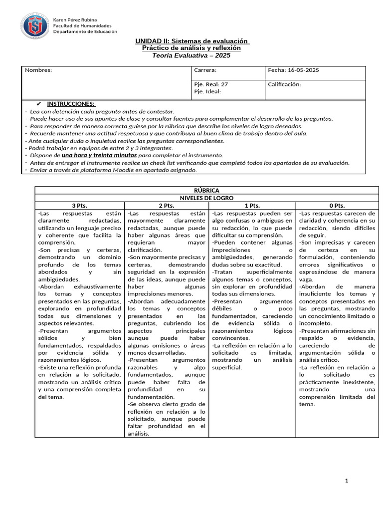 PrÃ¡ctico de Anã¡lisis. EvaluaciÃ N Unidad II Teorã - A Evaluativa. ULS 2025 | PDF | Evaluación ...