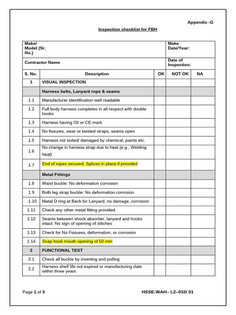Appendix G - Inspection Checklist For FBH | PDF | Rope